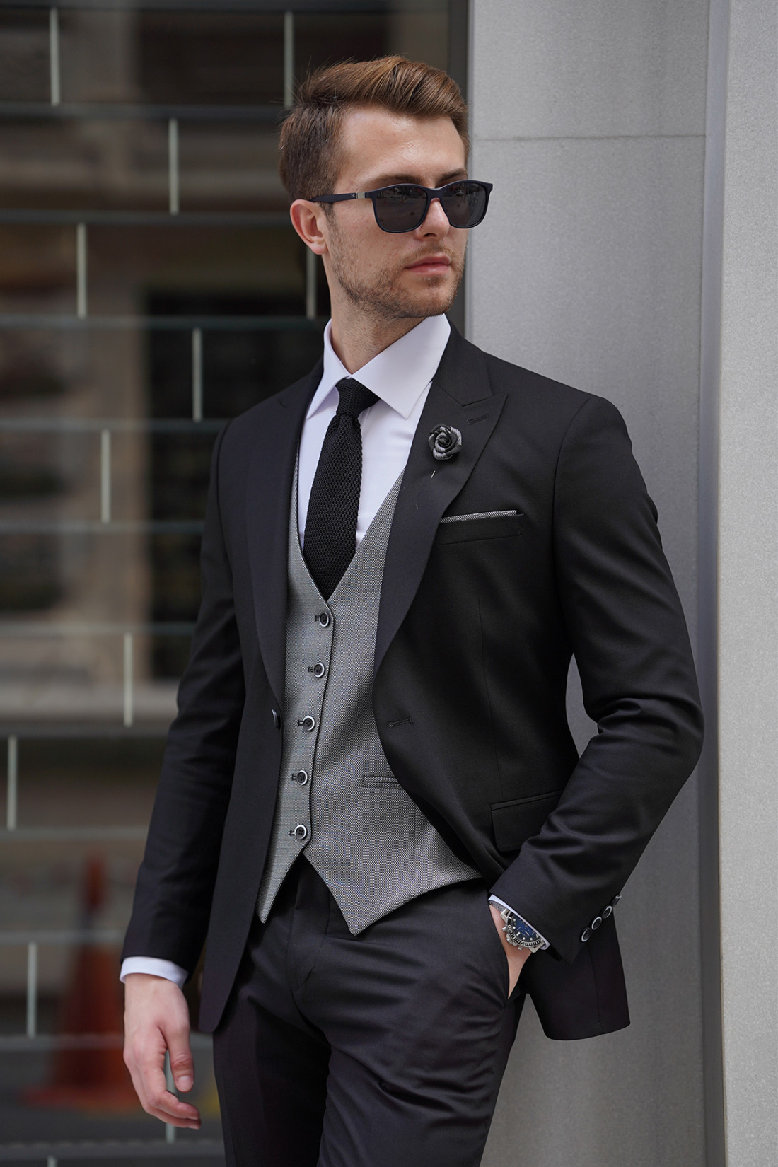 NZF-104115 SLIM FIT VEST WITH BLACK WOOL SUIT
